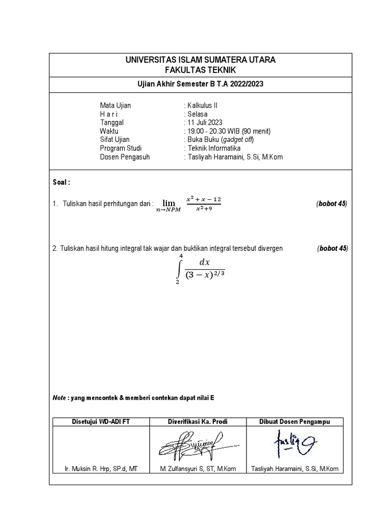 UAS Kalkulus II - TA. 2022-2023 - MALAM | PDF