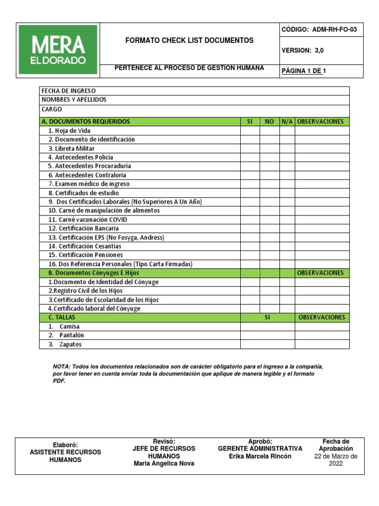 Adm-Rh-Fo-03 1.0 Formato Check List Documentos | PDF