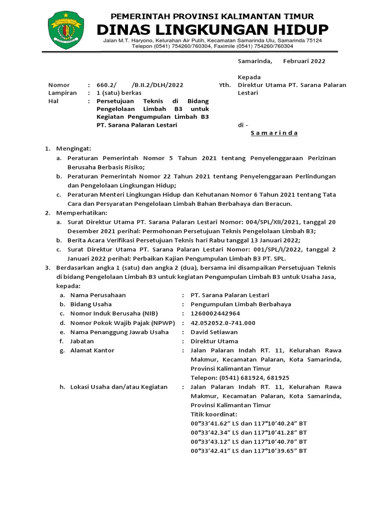 (Draft) Persetujuan Teknis Pengumpulan Limbah B3 SPL 2022 | PDF | Teknologi & Rekayasa