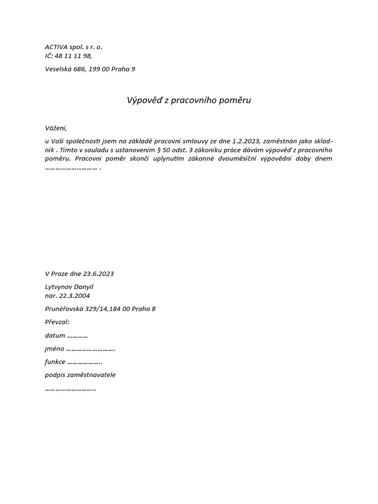 Vypoved Z Pracovniho Pomeru Zamestnanec | PDF