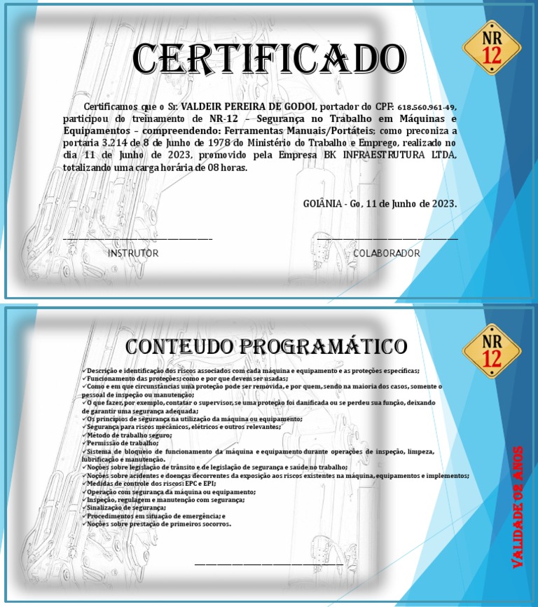 Certificado NR 12 Valdeir | PDF