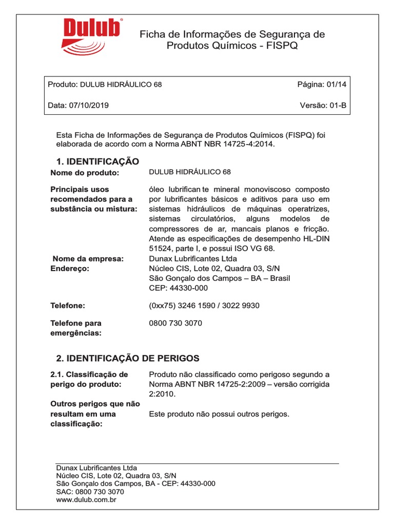 FISPQ - Hidráulico 68 | Download grátis PDF | Química | Ciências Físicas