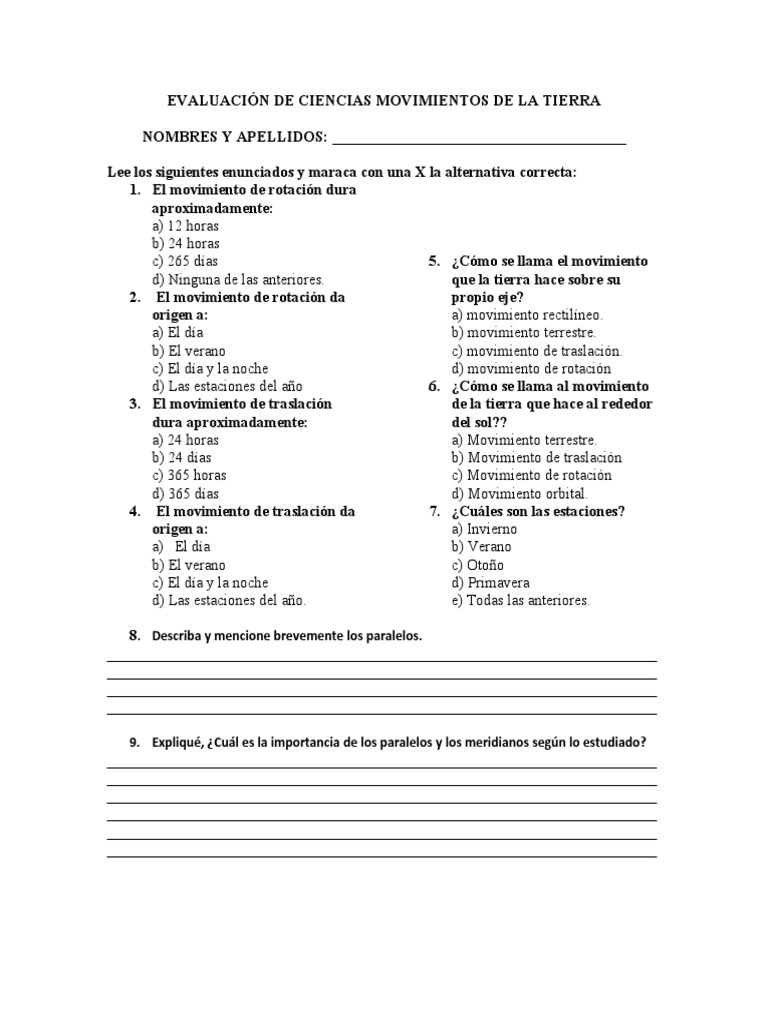Evaluación de Ciencias Movimientos de La Tierra | PDF | Fenómenos de la ...