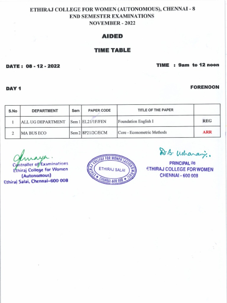 Aided End Semester Examination Time Table November 2022 | PDF
