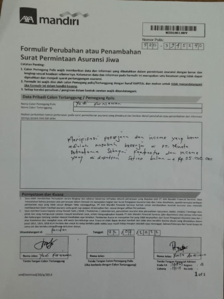 Perubahan - Penambahan SPAJ (PPS) | PDF