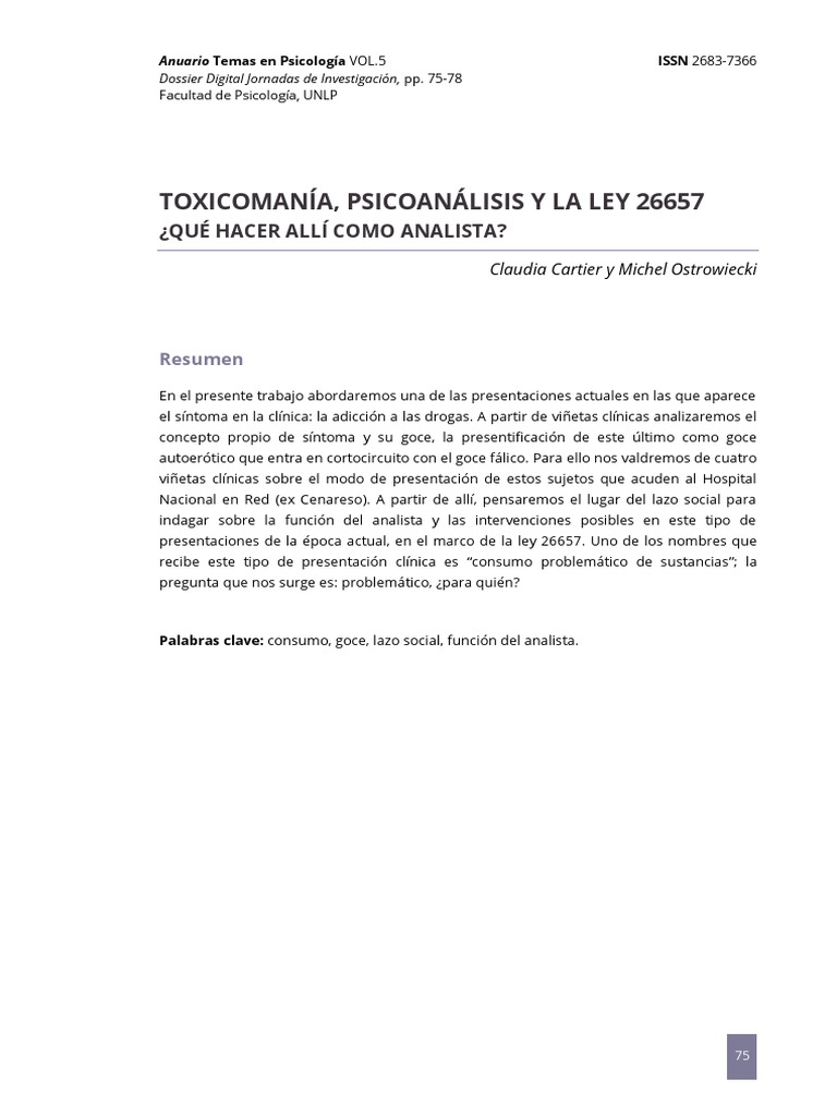 Toxicomanía y Psicoanálisis en la Ley 26657 | PDF | Psicoanálisis | La ...