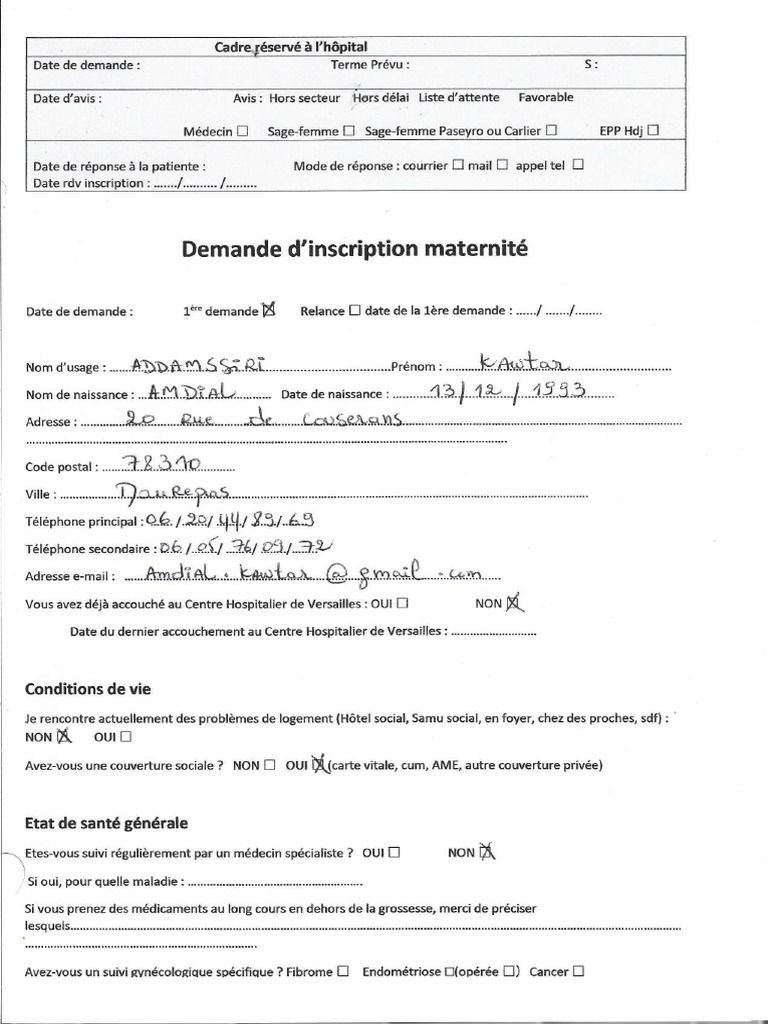 Formulaire de Demande D'inscription Maternité | PDF