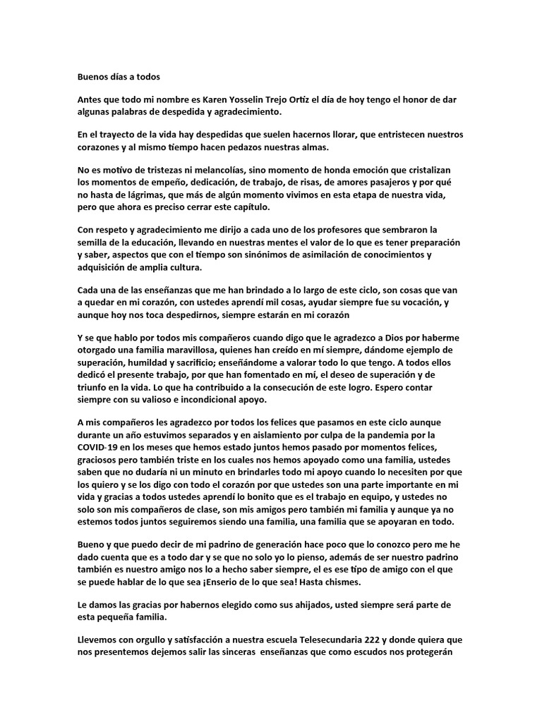 Palabras de Despedida y Agradecimiento | PDF