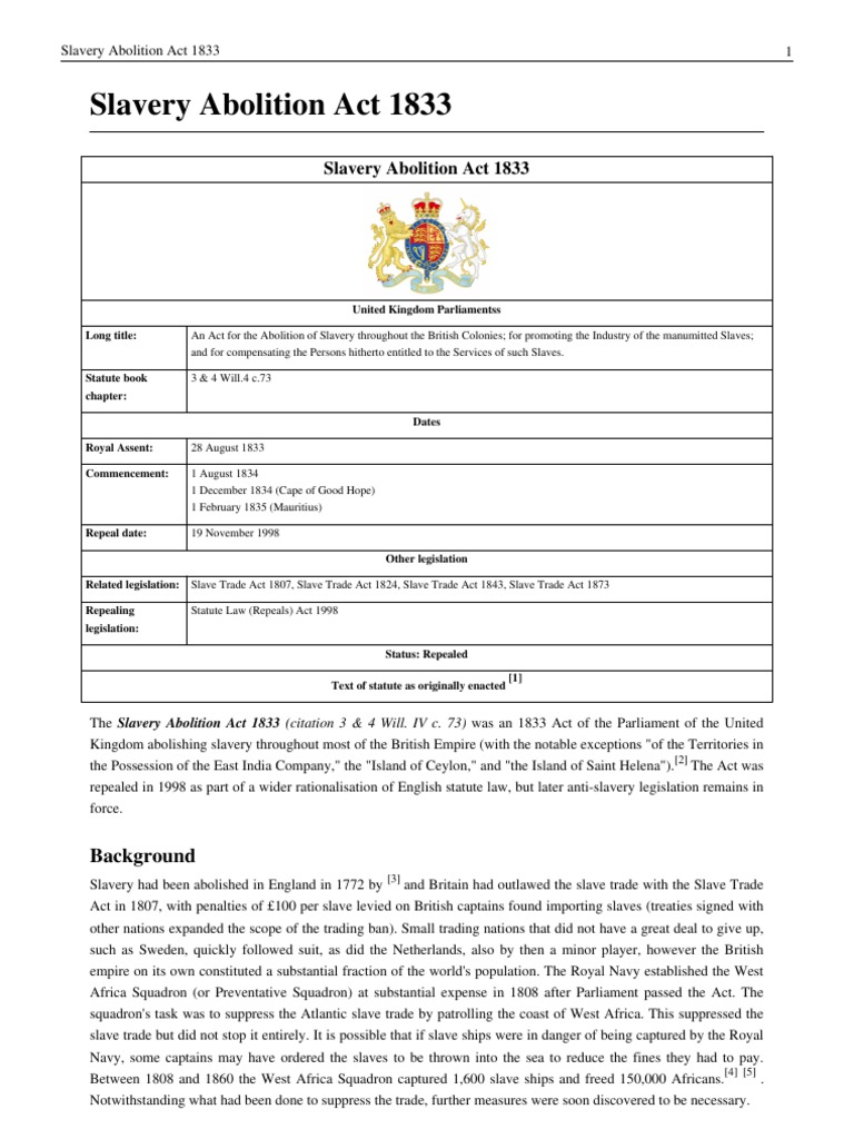 Overview of the Slavery Abolition Act 1833 | PDF | Crimes Against ...