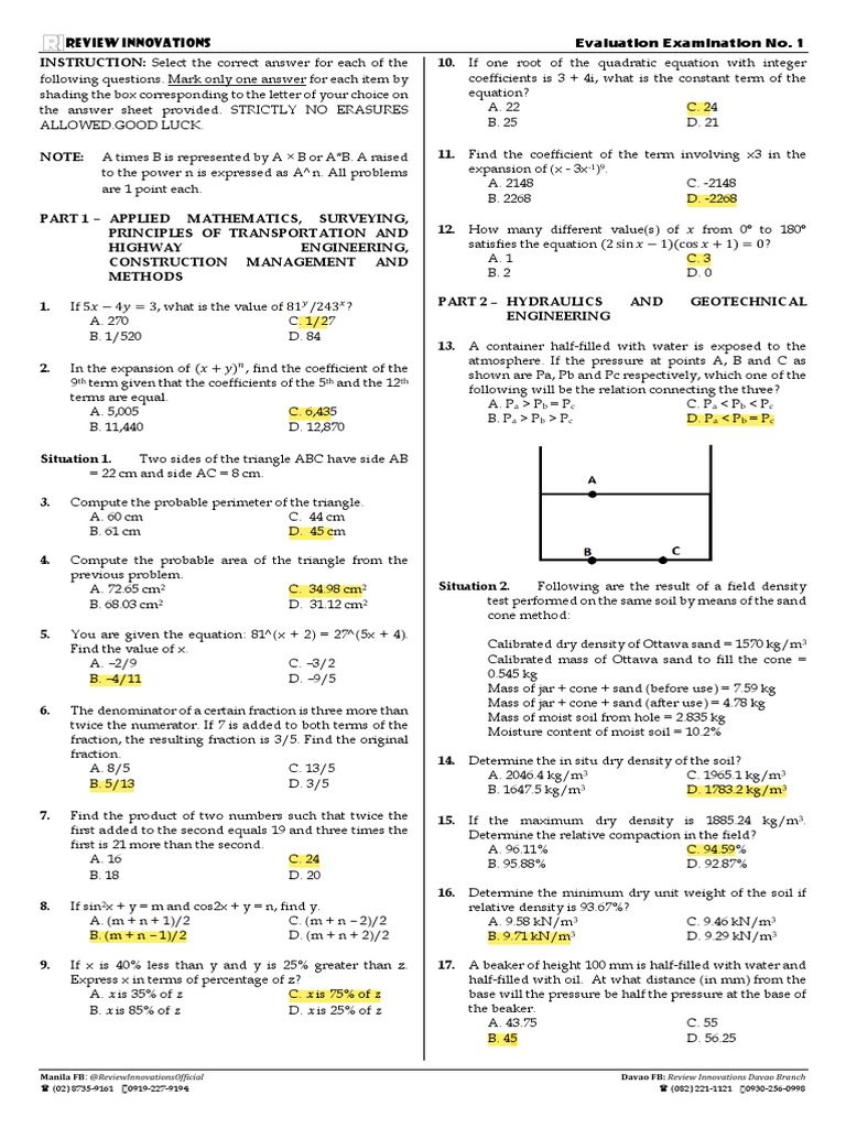 Evaluation Exam No.1 Manila Questionnaire CORRECT ANSWERS | PDF | Equations | Mathematical Analysis