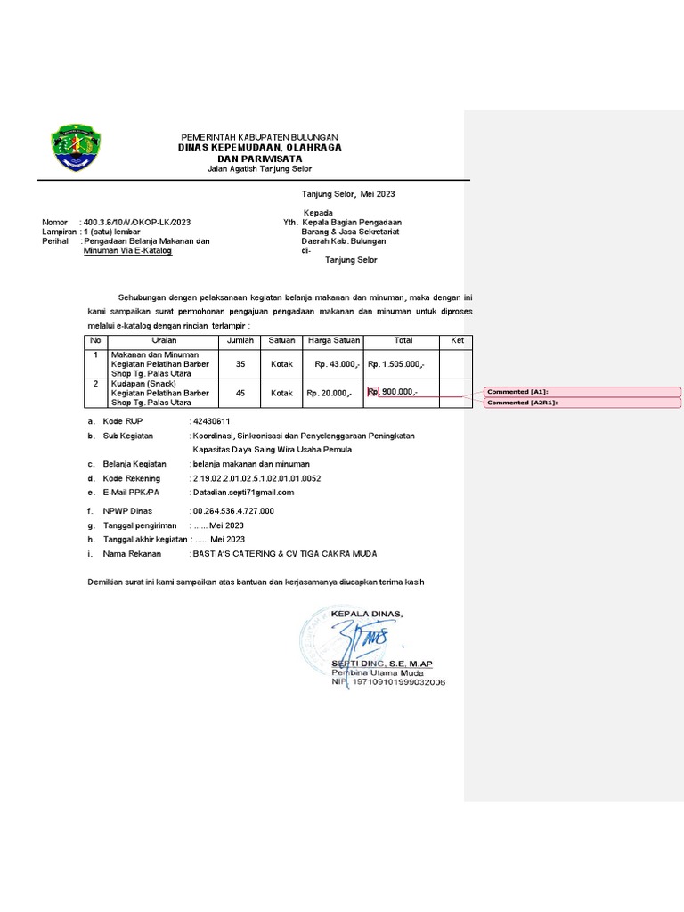 Surat Pengajuan Pengadaan Makan Minum & Snack Bid - PMD (SDH TTD) | PDF