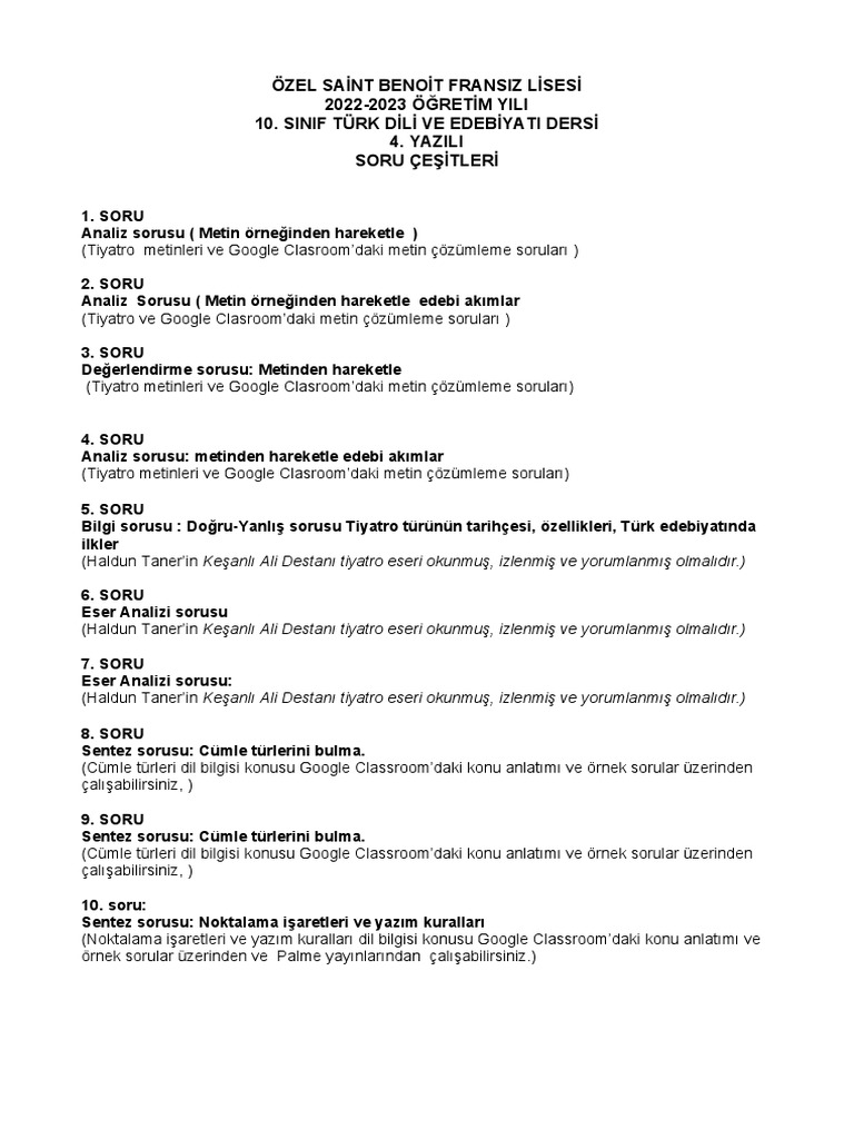 2022-23 10 Tde 4.sinav Soru Şeki̇lleri̇ | PDF