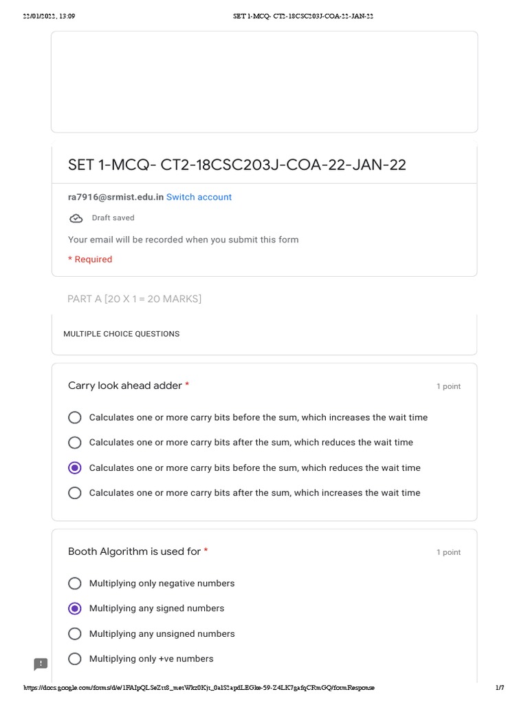 Set 1-MCQ - Ct2-18csc203j-Coa-22-Jan-22 | PDF | Computer Science | Mathematics