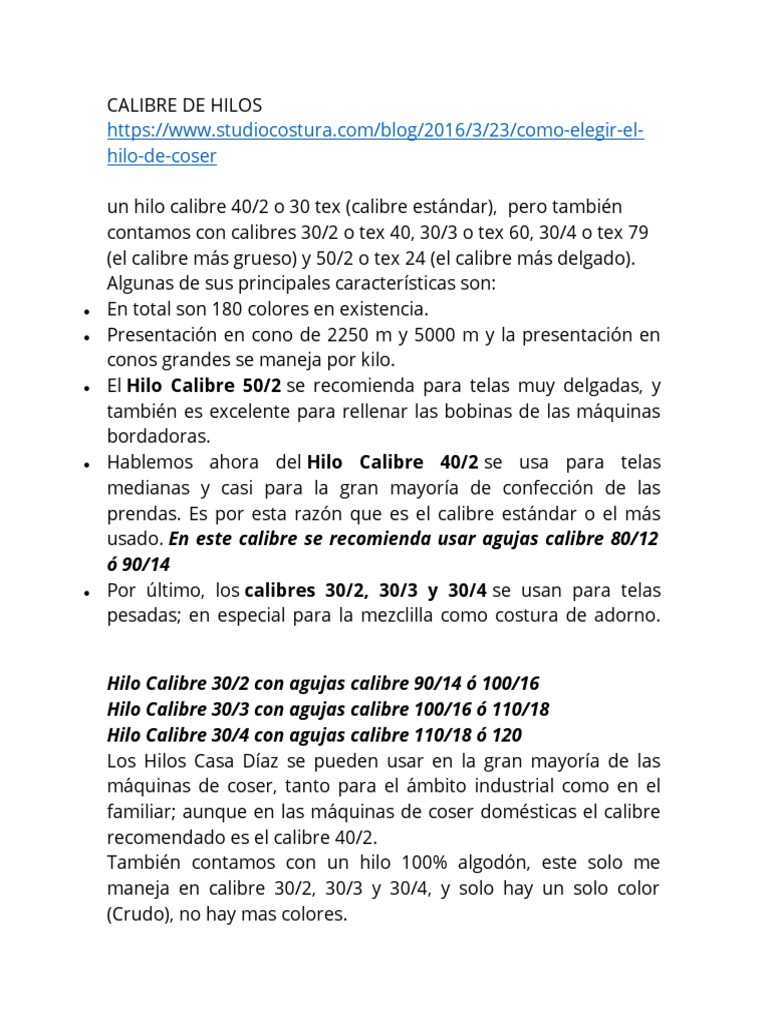 Guía de Calibres de Hilos para Coser | PDF | Máquina de coser | Textiles