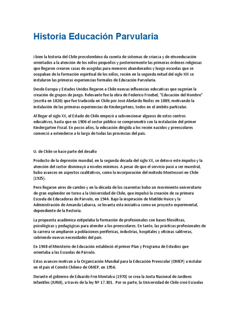 Historia Educación Parvularia | PDF | Educación de la primera infancia