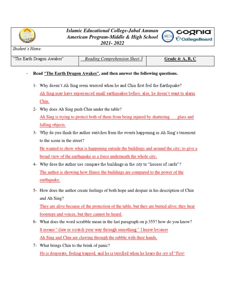 The Earth Dragon Awakes, Reading Comprehension Worksheet - Answer Key ...