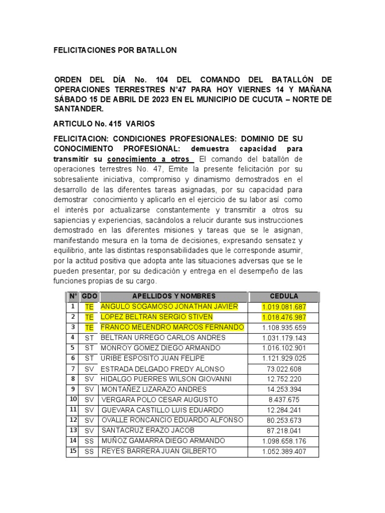 Felicitaciones Por Batallon | PDF | Gobierno | Seguridad nacional