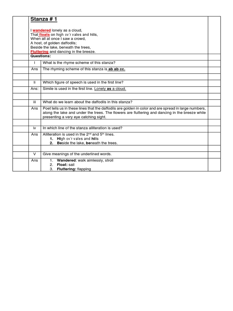 The Daffodils Stanza Comprehension | PDF | Poetry