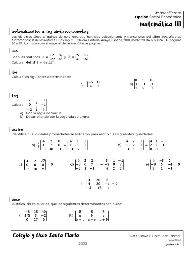 2023 - Repartido 3 Matemática III | PDF | Determinante | Matriz (Matemáticas)