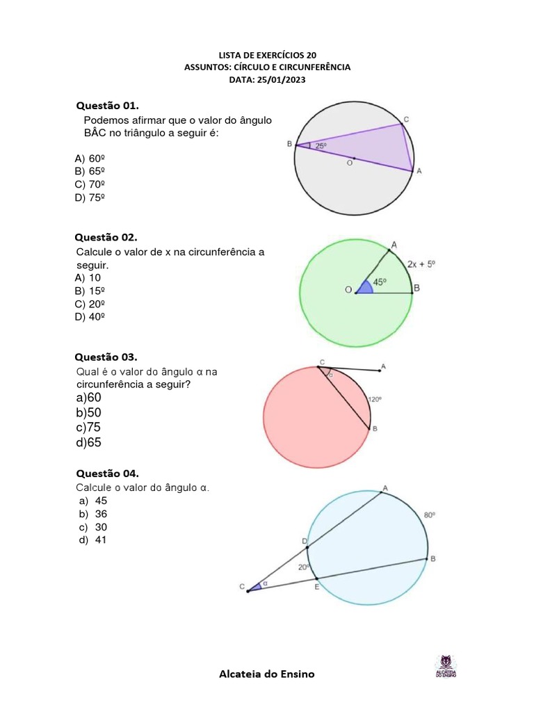 Lista de Exercícios - Círculo e Circunferência | PDF | Círculo | Triângulo