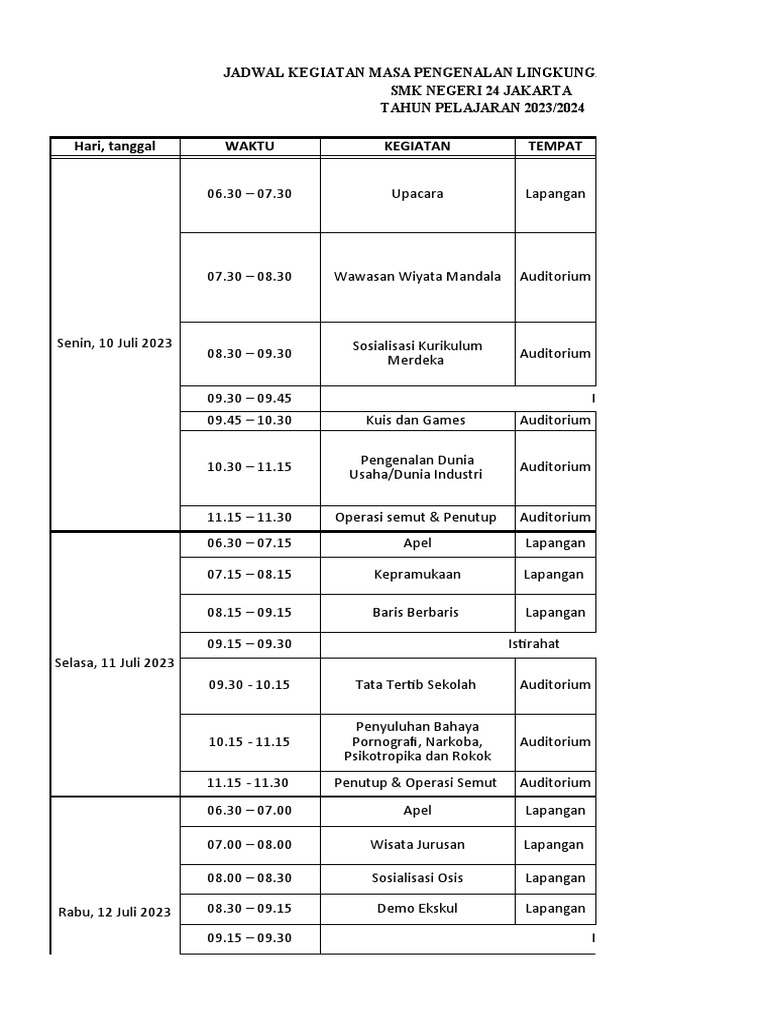 Jadwal Mpls 2023 2024 Intan | PDF