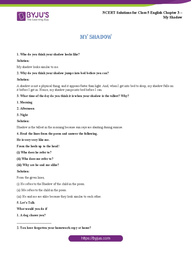 My Shadow Class 5 Q&A Solutions | PDF