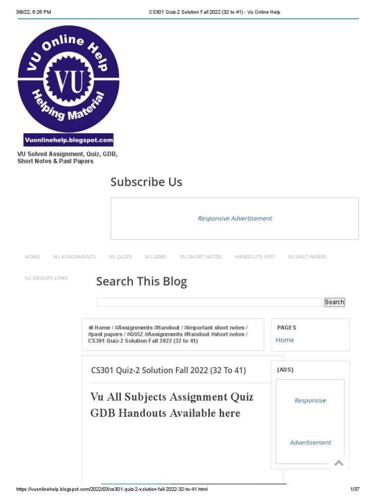 CS301 Quiz-2 Solution Fall 2022 (32 To 41) - Vu Online Help | PDF | Pointer (Computer ...