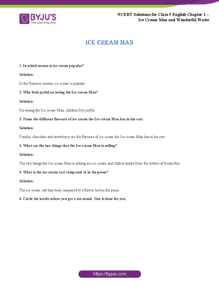Ncert Solutions For Class 5 English 2may Chapter 1 Ice Cream Man and Wonderful Waste | PDF | Ice ...