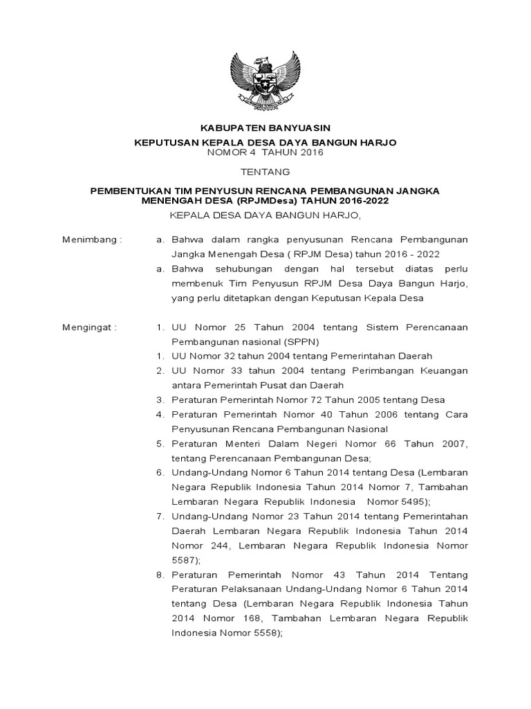 SK Tim Penyusunan RPJMDes 2016-2022 DBH | PDF