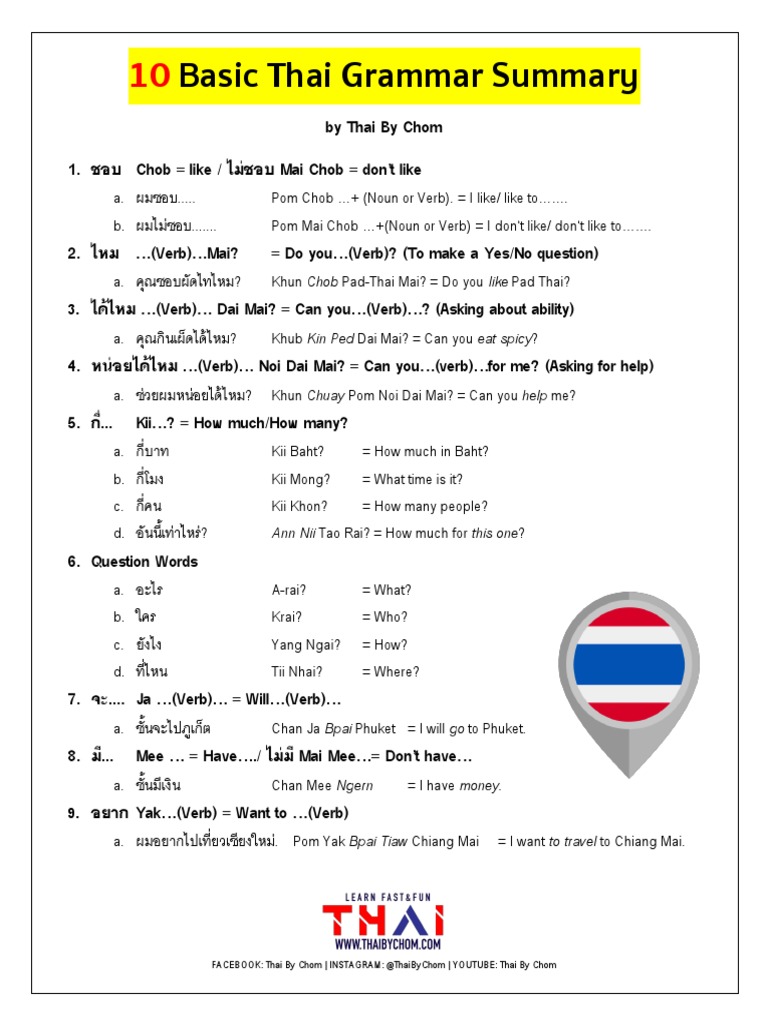 10 Basic Thai Grammar Summary | PDF