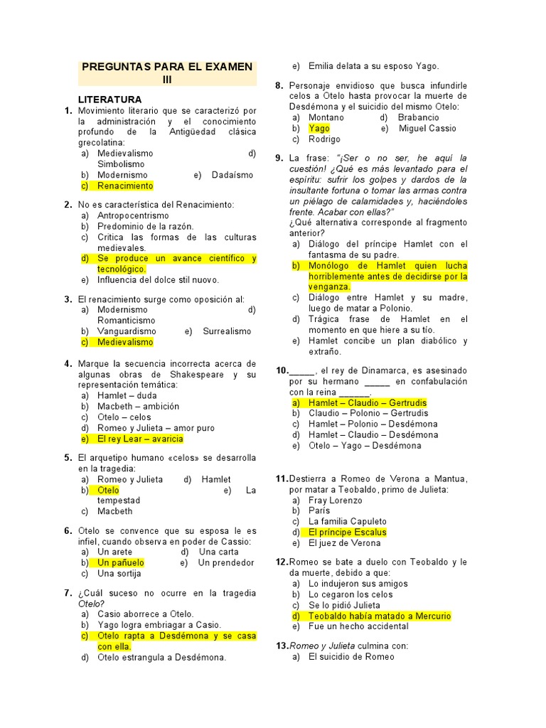 Preguntas para El Examen - Semana 03 | PDF | OTELO | Romeo y Julieta