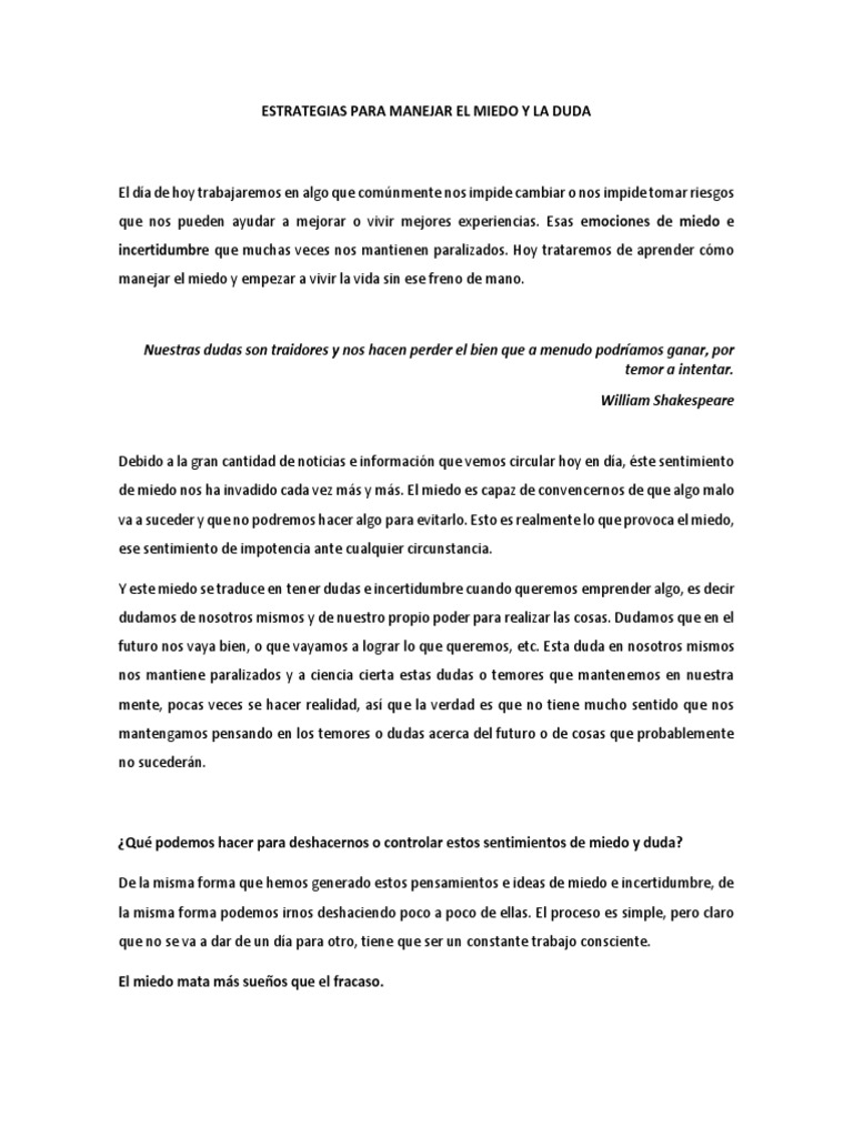 Día 9 - Estrategias para Manejar El Miedo y La Duda | PDF | Temor ...