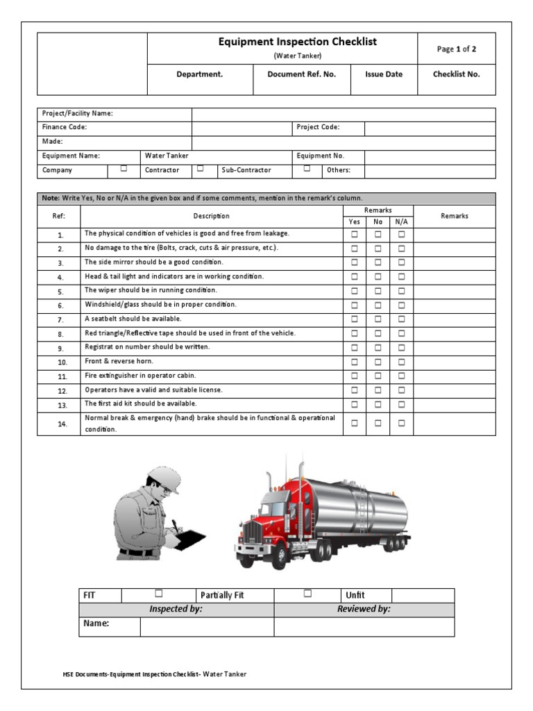 Water Tanker Inspection Checklist | Download Free PDF | Vehicles ...