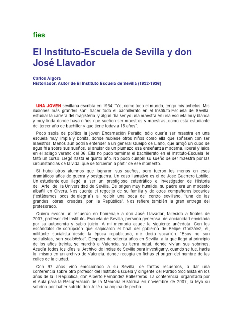El Instituto-Escuela de Sevilla y Don José Llavador | PDF