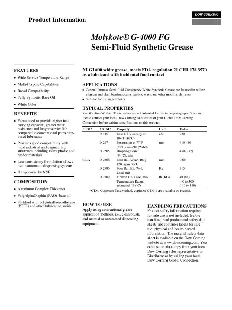Molykote G 4000 FG | PDF | Materials | Mechanical Engineering Molykote G 4000 FG | PDF | Materials | Mechanical Engineering