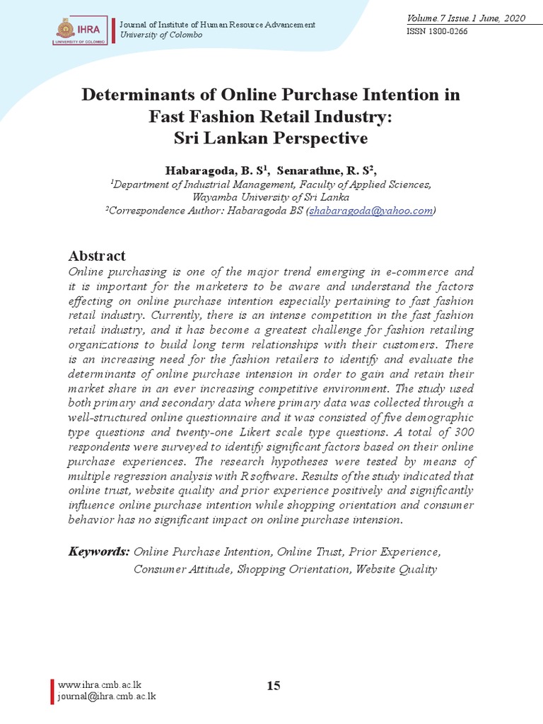 Determinants of Online Purchase Intention in Fast Fashion Retail Industry: Sri Lankan ...