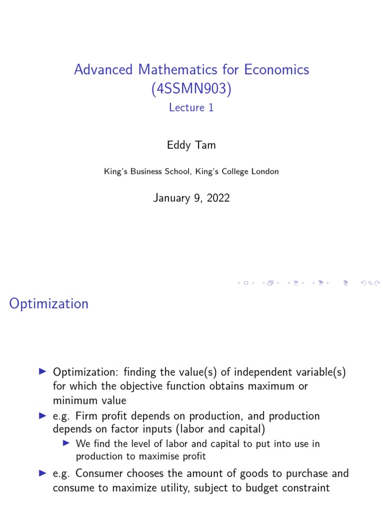 Lecture 1 Introduction To Optimization in Economics | PDF ...