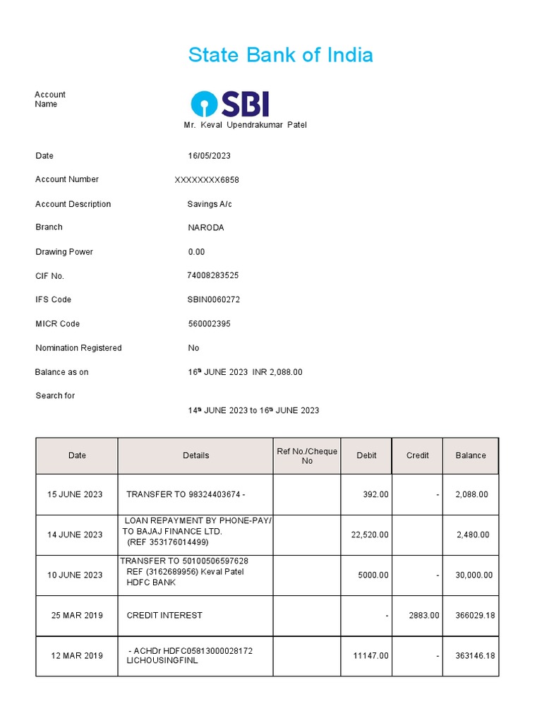 SBI Savings Account Statement Summary | PDF | Cheque | Debit Card