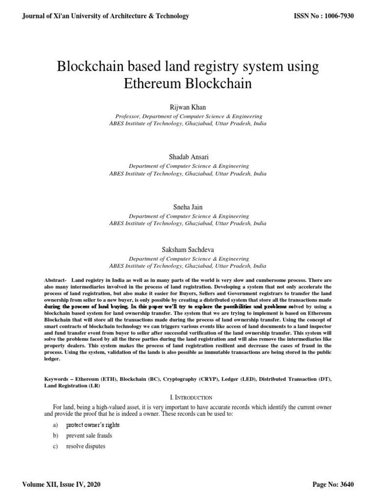 Blockchain Based Land Registry System Using Ethereum Bloackchain | PDF | Deed | Cryptocurrency