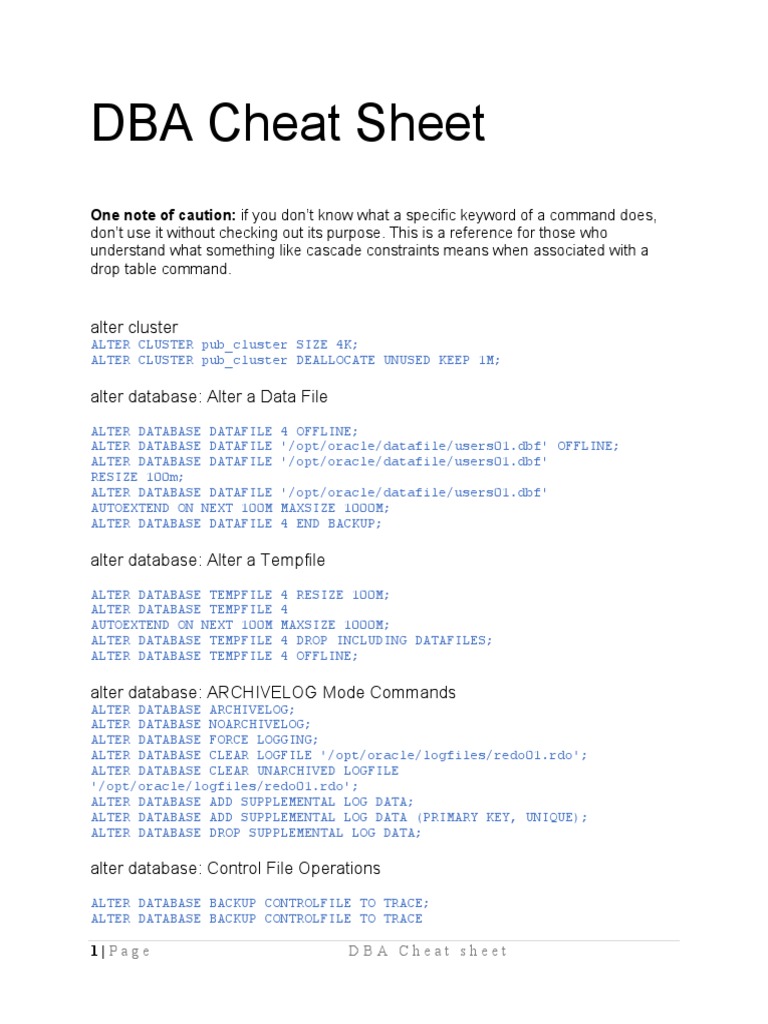A Must Have DBA Cheat Sheet -1 | PDF | Database Index | Computing