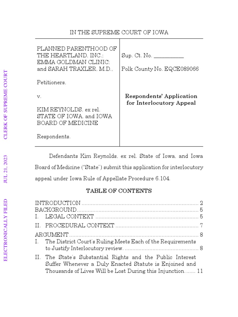 Planned Parenthood v. Kim Reynolds, Application For Interlocutory ...