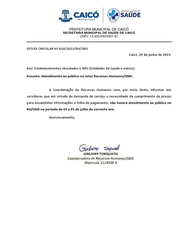 Ofício Circular 018.2023 - Atendimento Interno | PDF