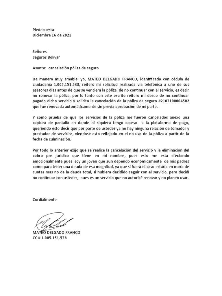 Modelo Carta Seguros Bolivar | PDF