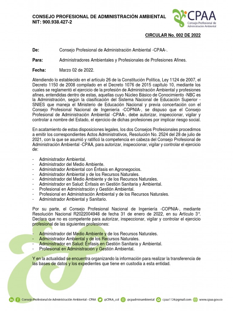 Circular 002 de 2022 Traslado Copnia Cpaa | PDF | Gobierno