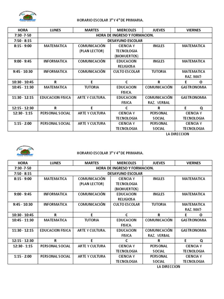 Horario Escolar 3° y 4° Primaria | PDF