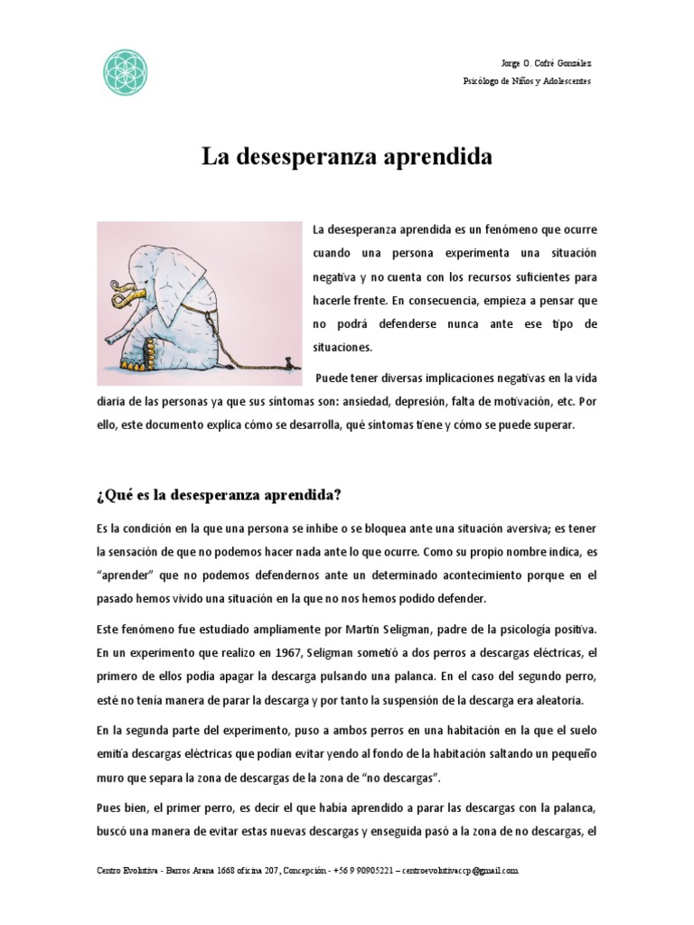 La Desesperanza Aprendida | PDF | Ansiedad | Terapia racional de ...