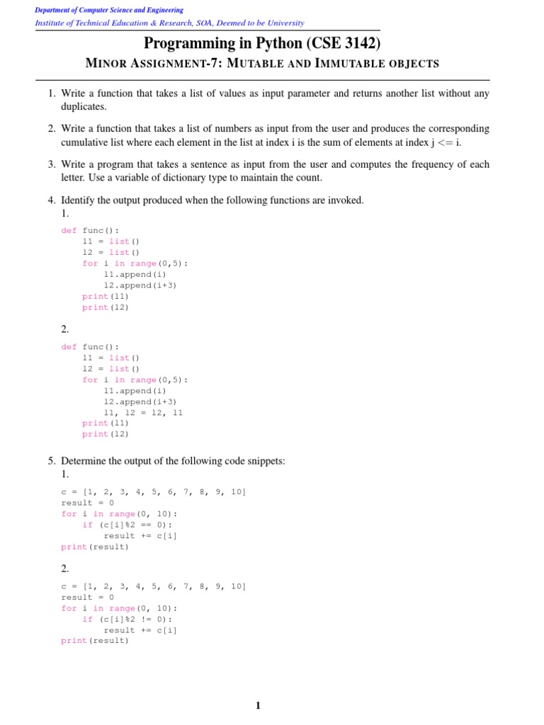 Minor Assignment 7 Mutable And Immutable Objects Pdf Computer Programming Software