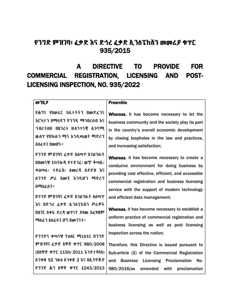 935/2015 A Directive TO Provide FOR Commercial Registration, Licensing ...