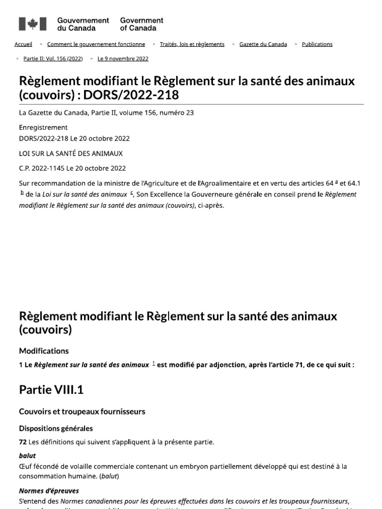 Règlement Modifiant Le Règlement Sur La Santé Des Animaux (Couvoirs) | PDF