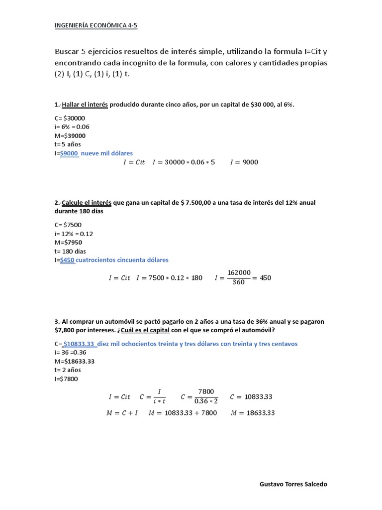 5 Ejercicios de Interés Simple | PDF